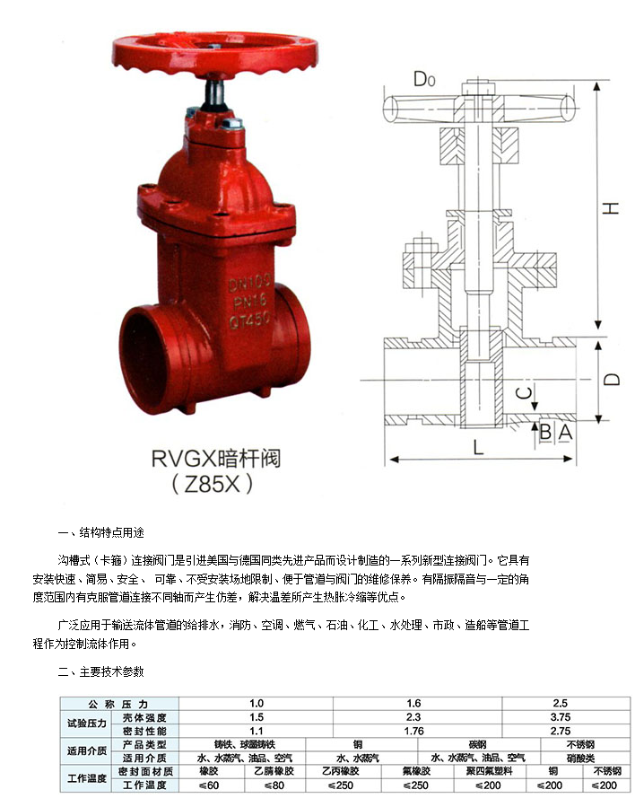 沟槽式弹性座封闸阀 - RVGX暗杆阀(Z85X)